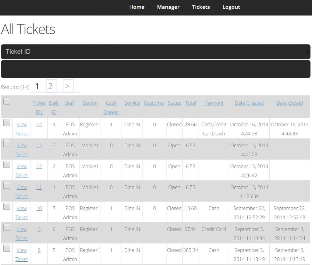 Tickets section of the POS system | GomezTek